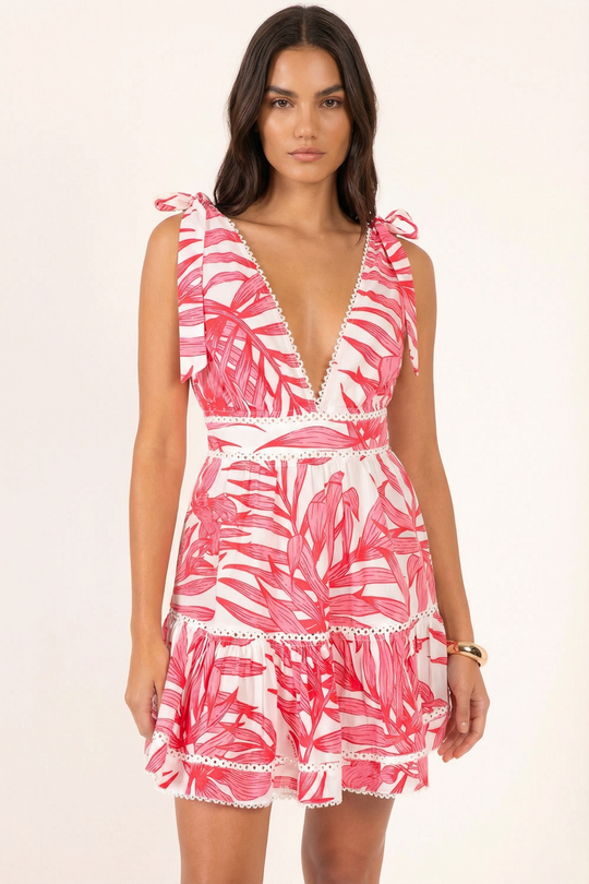 Mini Dress Cara - Pink Palm Leaf|Spring Collection|Poupette St Barth